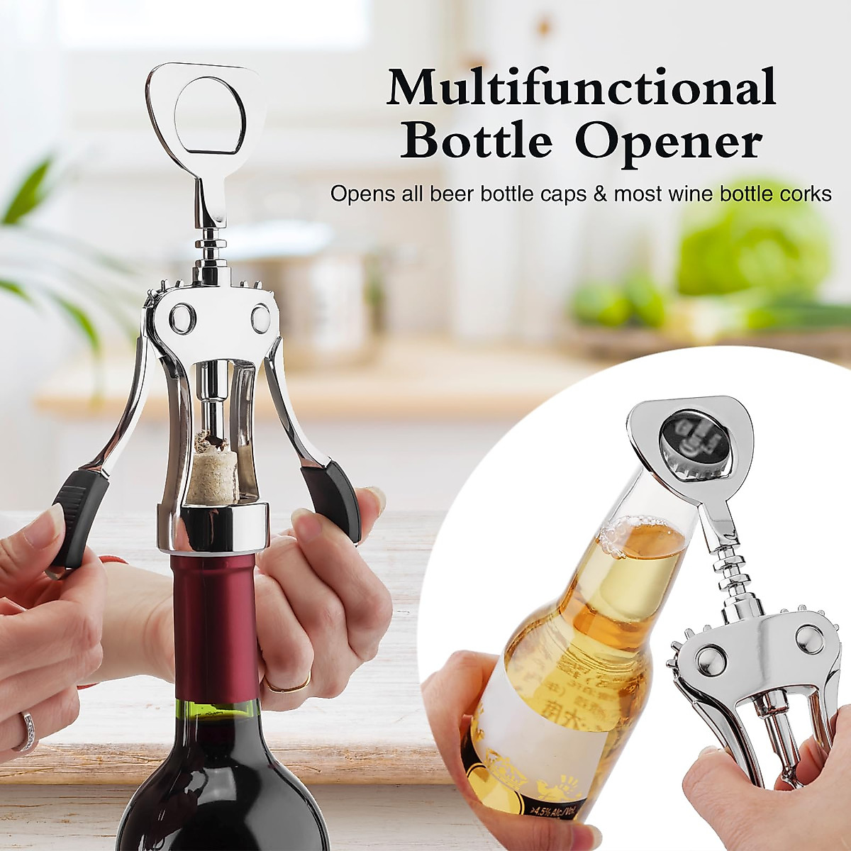 WOTOR Corkscrew Wine Opener, Zinc Alloy Wine Bottle Opener, Manual Multifunctional Wing Corkscrew for Waiters, Heavy Duty Wine Cork Remover, Silver