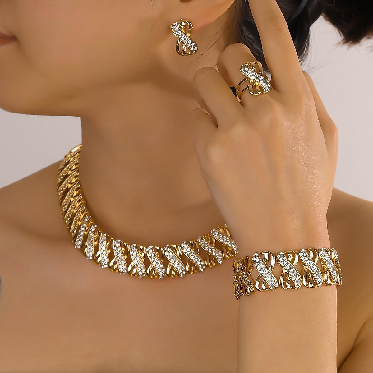 LIFFLY Nigeria Jewelry Sets for Women Africa Beads Jewelry Set Dubai Gold Wedding Bridal Fashion Jewelry Sets Womens Accessories, Choker Necklace 16 inch