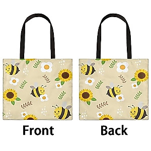 QsirBC Cartoon Sunflower Bee Canvas Tote Bag for Women Reusable Shoulder Totebag with Pocket Casual Handbag for Shopping Work Travel Gift