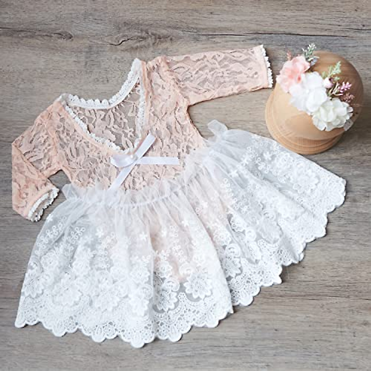 Zeroest Newborn Photography Outfits Girl Lace Romper Newborn Photography Props Rompers Baby Girls Skirt Photoshoot 3PCS (Peach-Long Sleeve)