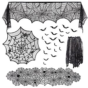 5 Pack Halloween Spider Decorations Sets,Halloween Table Runner,Cobweb Fireplace Mantel Scarf,Round Lace Spider Table Topper and Lampshade,16pcs 3D Bats for Halloween Table Decors Party Supplies