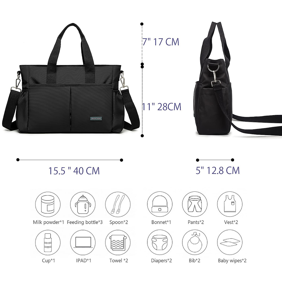 ROYALFAIR Diaper Bag Tote Bag for Toddler Mommy Messenger Tote Diaper Bags Purse with Stroller Hook (Medium,Black)