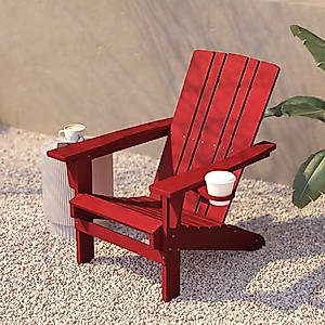 Flash Furniture Halifax Adirondack Chair with Cup Holder, Weather Resistant Poly Resin Adirondack Chair, Red