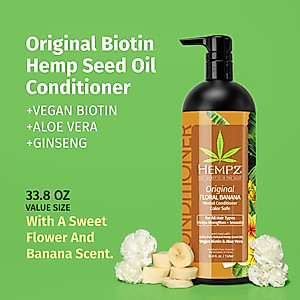 Hempz Biotin Conditioner - Original Light Floral & Banana - For Growth & Strengthening of Dry, Damaged and Color Treated Hair, Hydrating, Softening, Moisturizing 33.8 Fl OZ