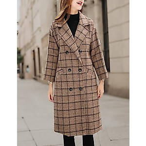 Tanming Women's Double Breasted Long Plaid Wool Blend Pea Coat Outerwear (Brown-M)