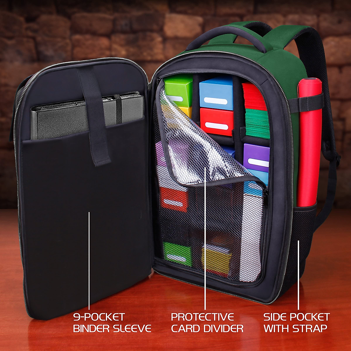 ENHANCE MTG Backpack - Collector's Edition TCG Backpack for Deck Boxes, Sleeved Cards, Playmats, MTG Accessories - Customizable Card Organization with Built-in Card Defender Screen (Dragon Green)