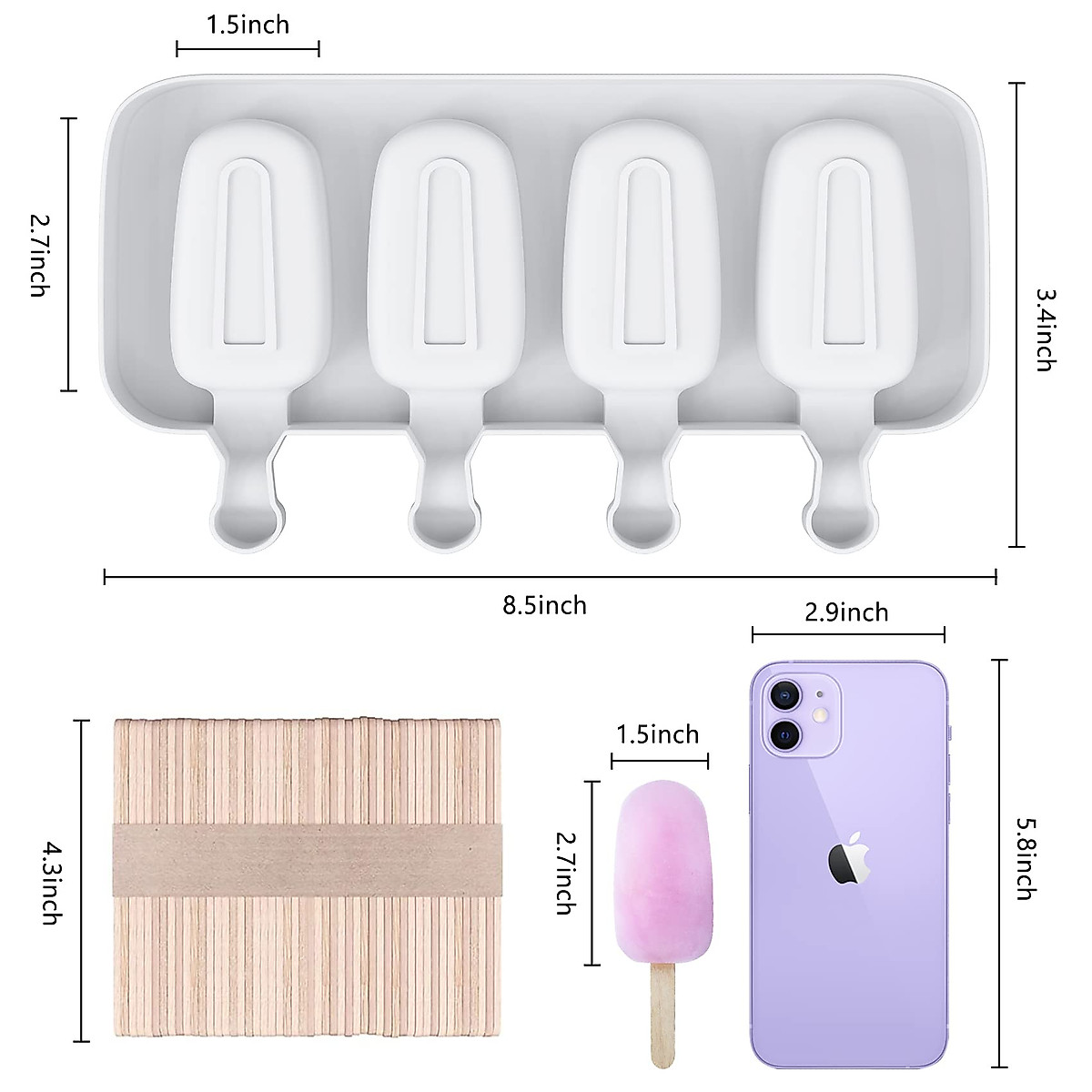 Ouddy Life Popsicle Molds Set of 2, Ice Pop Molds Silicone 4 Cavities Ice Cream Mold Oval Cake Pop Mold with 50 Wooden Sticks for DIY Popsicle, Clear