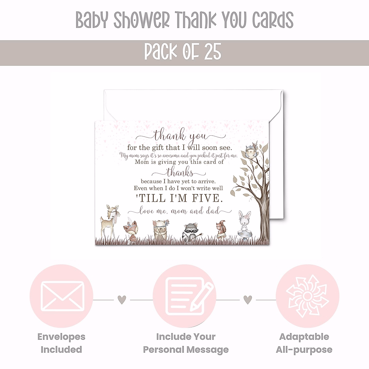 Paper Clever Party 25 Girls Woodland Baby Thank You Cards Pack – Cute Baby Shower Notes with Envelopes, Prefilled Message, Customizable Blank Stationery, Pink, Rustic Floral, New Parents Gift Ideas
