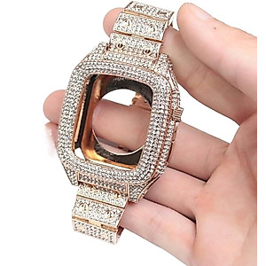 VEVEL Diamond Watch Band+Watch Case Refit Mod Kit，For Iwatch 6 5 4 SE 44mm ，Luxury Lady Diamond Modification Kit，For Apple Watch series 8 7 45mm DIY Watch Band (Color : Rose gold, Size : 45MM)