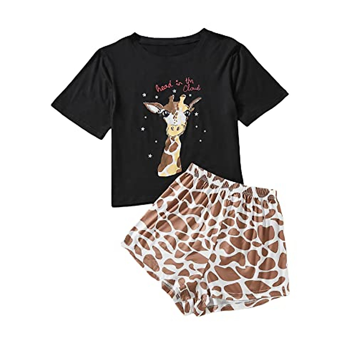 DIDK Women's Cartoon Graphic Print Tee and Shorts Two Pieces PJ Pajama Set Giraffe Black XS