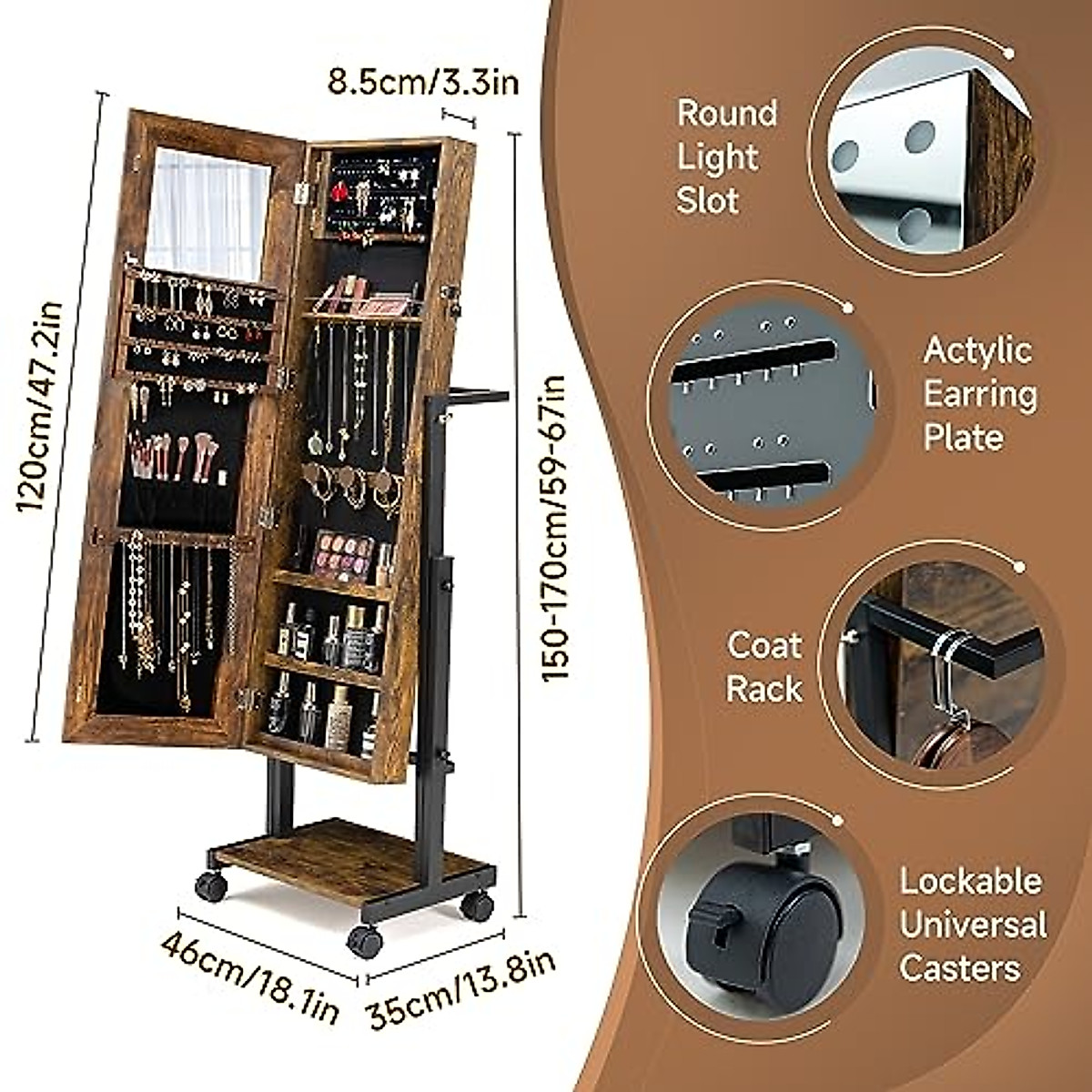 Lavievert LED Mirror Jewelry Cabinet with 4 Wheels, 47.2" Full Length Mirror with 3 Color Lights, Lockable Jewelry Armoire with Built-in Mirror, Bottom Shelf, 3 Adjustable Angles & Height - Brown