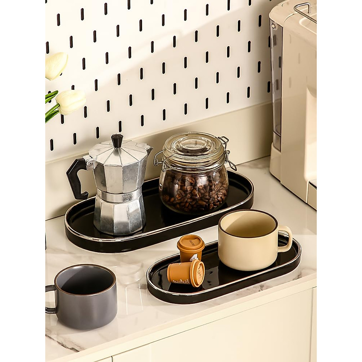 Redelaenor Ceramics Bathroom Tray for Counter, Perfume Key Trinket Ring Tray, Decor Soap Dispenser Countertop Tray for Kitchen Sink Organization.(Black Medium