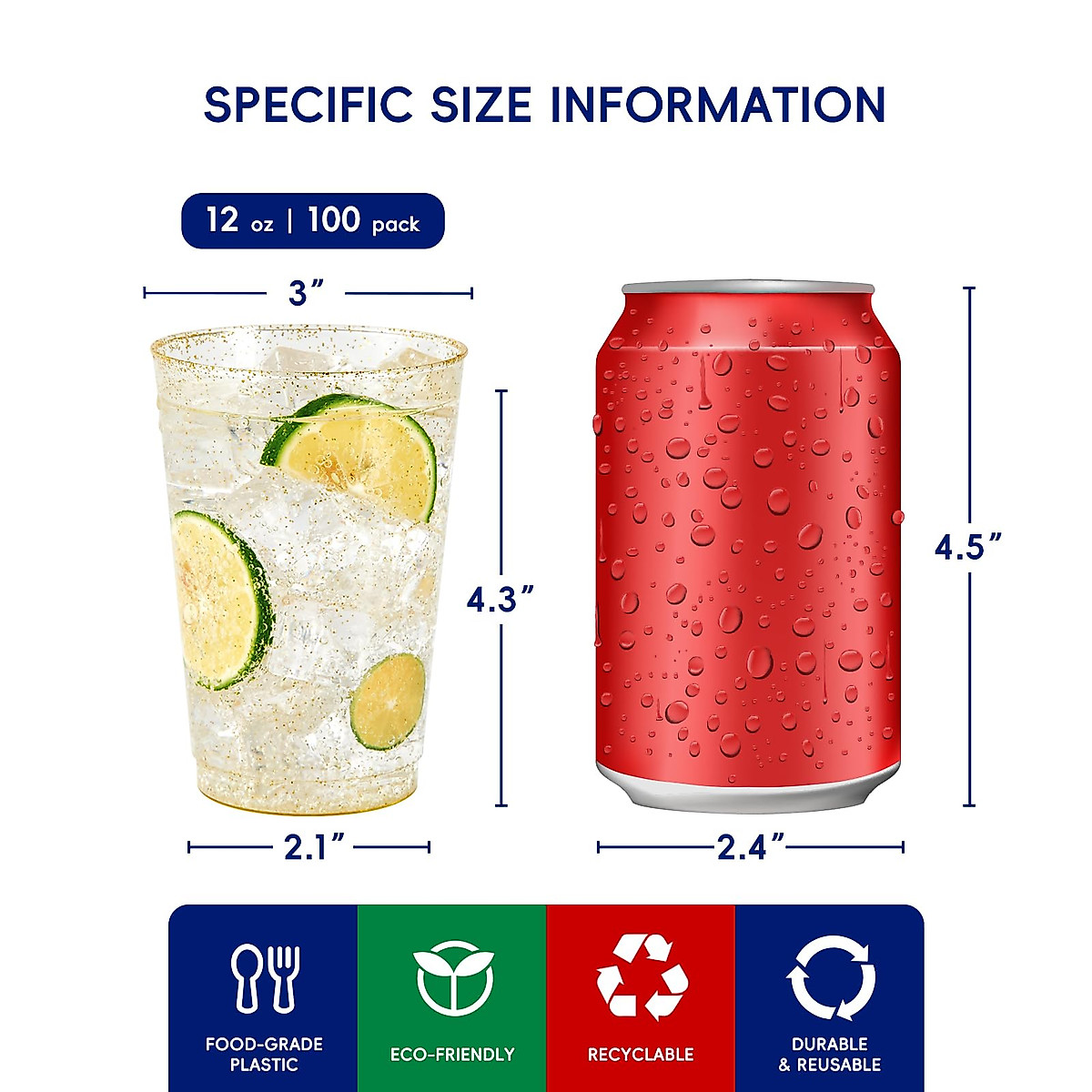 JOLLY CHEF 100 Pack 12 oz Gold Plastic Cups, Disposable Gold Cups,Heavy-duty Clear Plastic Tumblers, Gold Glitter Cups, Disposable Cups for Wedding, Thanksgiving, Christmas Party