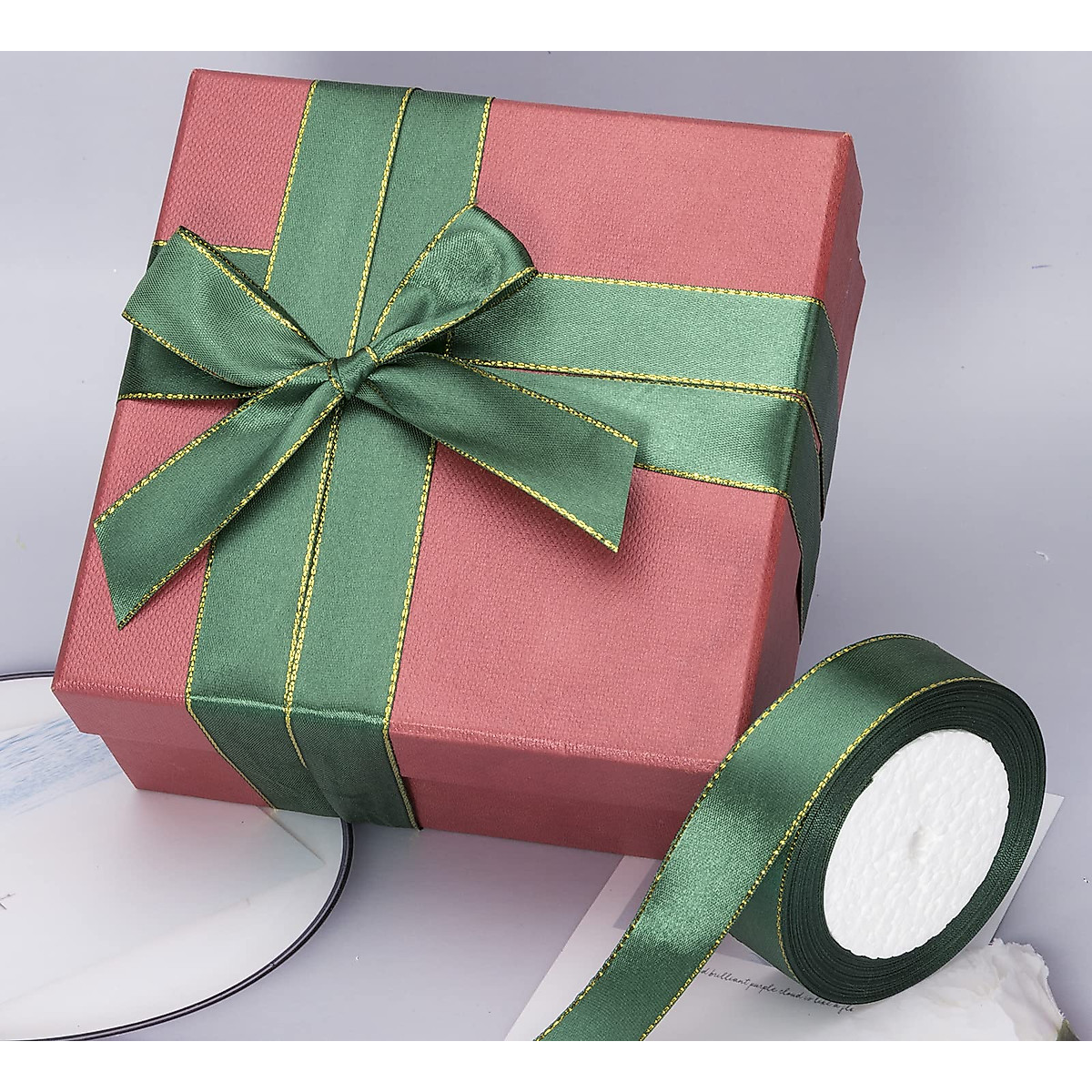 YASEO 25 Yards 1 Inch Dark Green Satin Ribbon with Gold Edges, Gold Border Fabric Ribbons for Gift Wrapping and Crafts