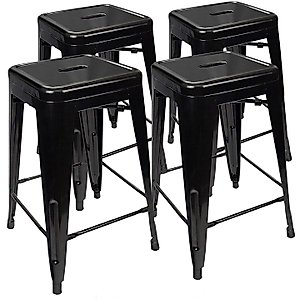 UrbanMod 24 Inches Metal Barstool Set of 4 – Counter Height Backless Bar Stool for Kitchen Island, Breakfast, Outdoors, Pub, Restaurant, Home, Patio – Stackable Heavy Duty Modern & Industrial (Black)