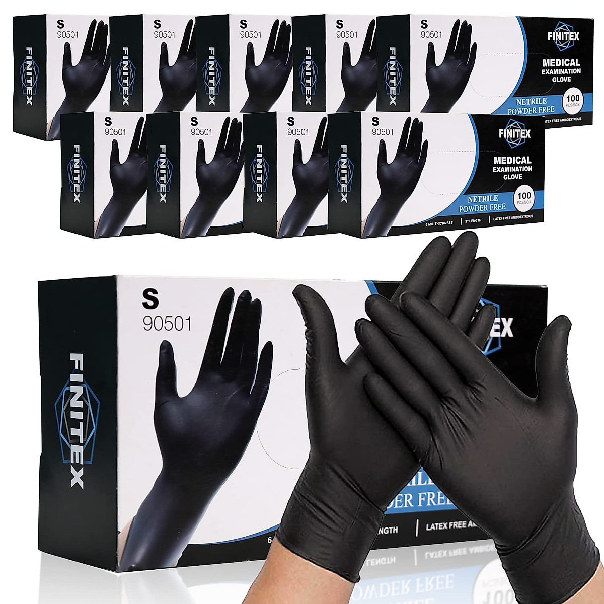 FINITEX Black Nitrile Disposable Medical Exam Gloves - Case of 1000 PCS 6mil Glove Powder-Free Latex-Free Gloves (Small)