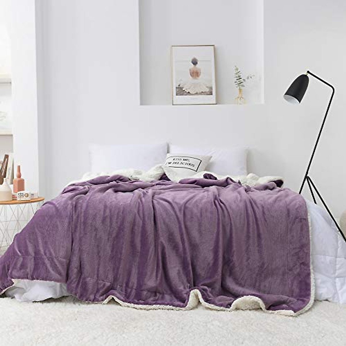 NANPIPER Couch Blanket Reversible Sherpa Flannel Blanket Ultra-Soft Plush Warm Fleece Microfiber (60"x80",Cassis Purple)