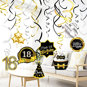 18th Birthday Decoration Ceiling Hanging Swirls(16 Pcs), Happy 18th Birthday Party Silver Black Gold Foil Swirl Streamers, Birthday Party Supplies
