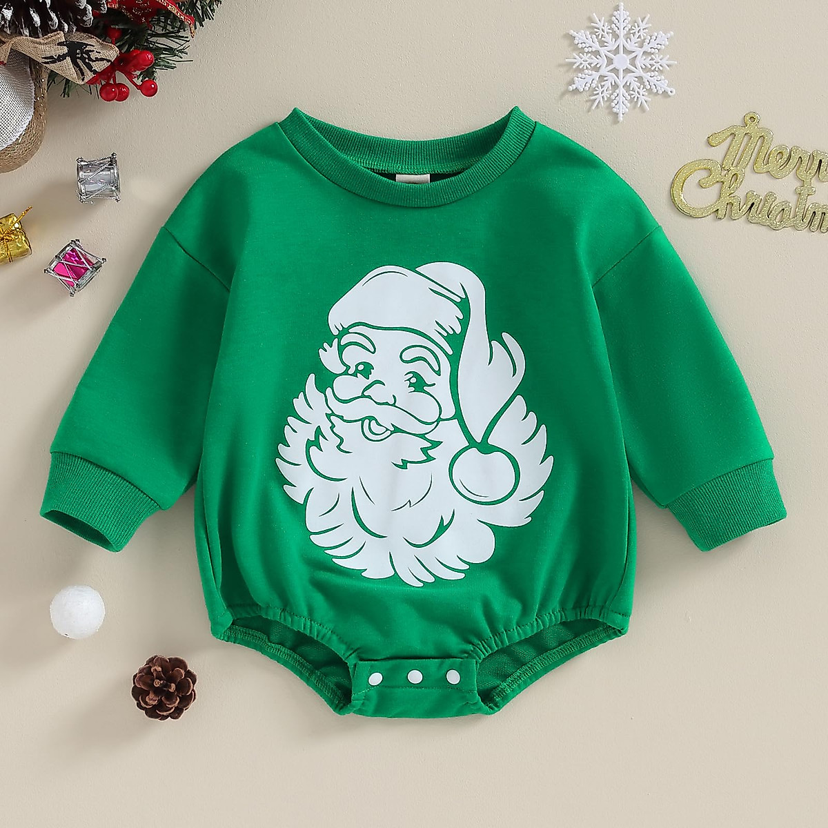 Newborn Baby Boy Girl Christmas Outfit Crewneck Sweatshirt Romper Long Sleeve Bubble Romper Oversized Bodysuit Top (Green Santa, 18-24 Months)