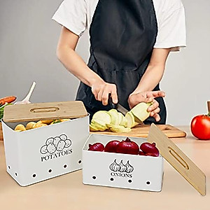 Xbopetda Potato Onion Storage Box, Food Container Sets, Storage Canisters for Vegeatables, Set of 2 Jars Pots Containers, Potato & Onion Bin with Aerating Tin Storage Holes & Bamboo Lid-White