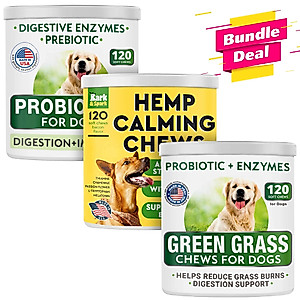 Dog Probiotics Chews + Calming Hemp Treats + All-Natural Grass Treatment - Gas, Diarrhea, Allergy, Constipation, Upset Stomach Relief + Anxiety Relief - Separation Aid + Grass Saver Pee Lawn Repair