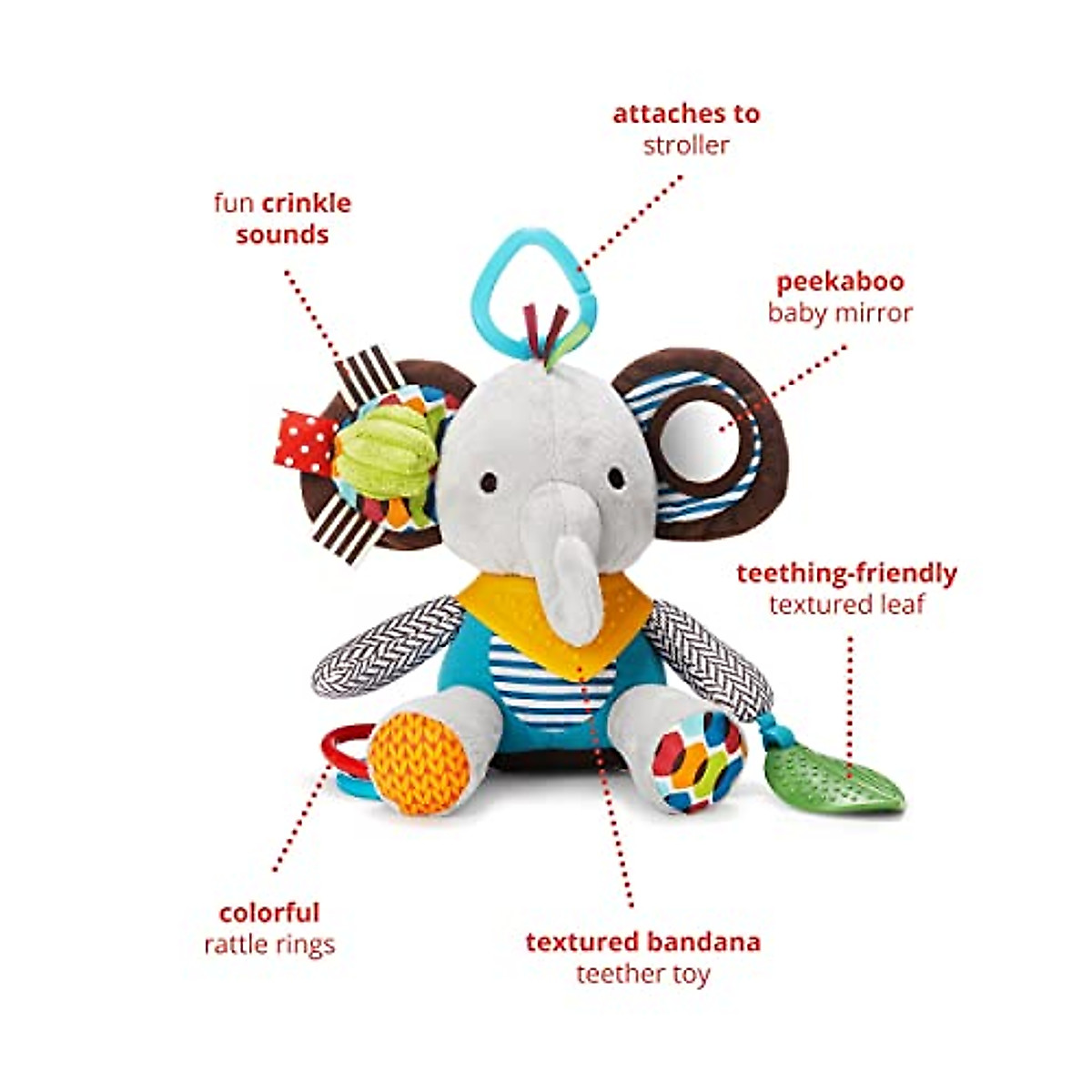 Skip Hop Bandana Buddies Baby Activity and Teething Toy with Multi-Sensory Rattle and Textures, Elephant