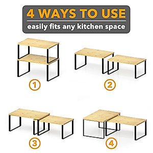 SpaceAid Cabinet Shelf Organizers 2 Pack, Kitchen Counter Rack Shelves Riser, Stackable Expandable Spice Rack, Pantry Cupboard Storage Organization (Black and Natural, Short)