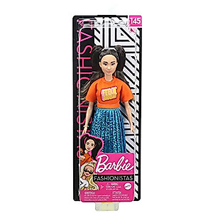 Barbie Fashionistas Doll #145 with Long Brunette Pigtails Wearing Orange T-Shirt, Shimmery Blue Skirt, Yellow Kicks & Bracelet, Toy for Kids 3 to 8 Years Old
