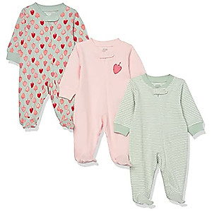 Amazon Essentials Unisex Babies' Footed Zip-Front Sleep and Play, Pack of 3, Light Pink Berry/Mint Green Stripe/Strawberries, Preemie