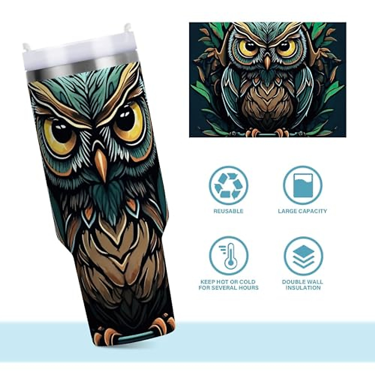 ODAWA 40oz Travel Coffee Tumbler with Straw and Handle, Owl Leak Proof Tumbler