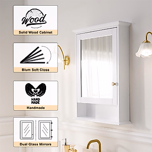 WELLFOR 24"x 34" Wall Mounted Wood Medicine Cabinet with Mirrors for Bathroom, Rubber Wooden Mirror Cabinet with 3-Tier Shelves and External Storage