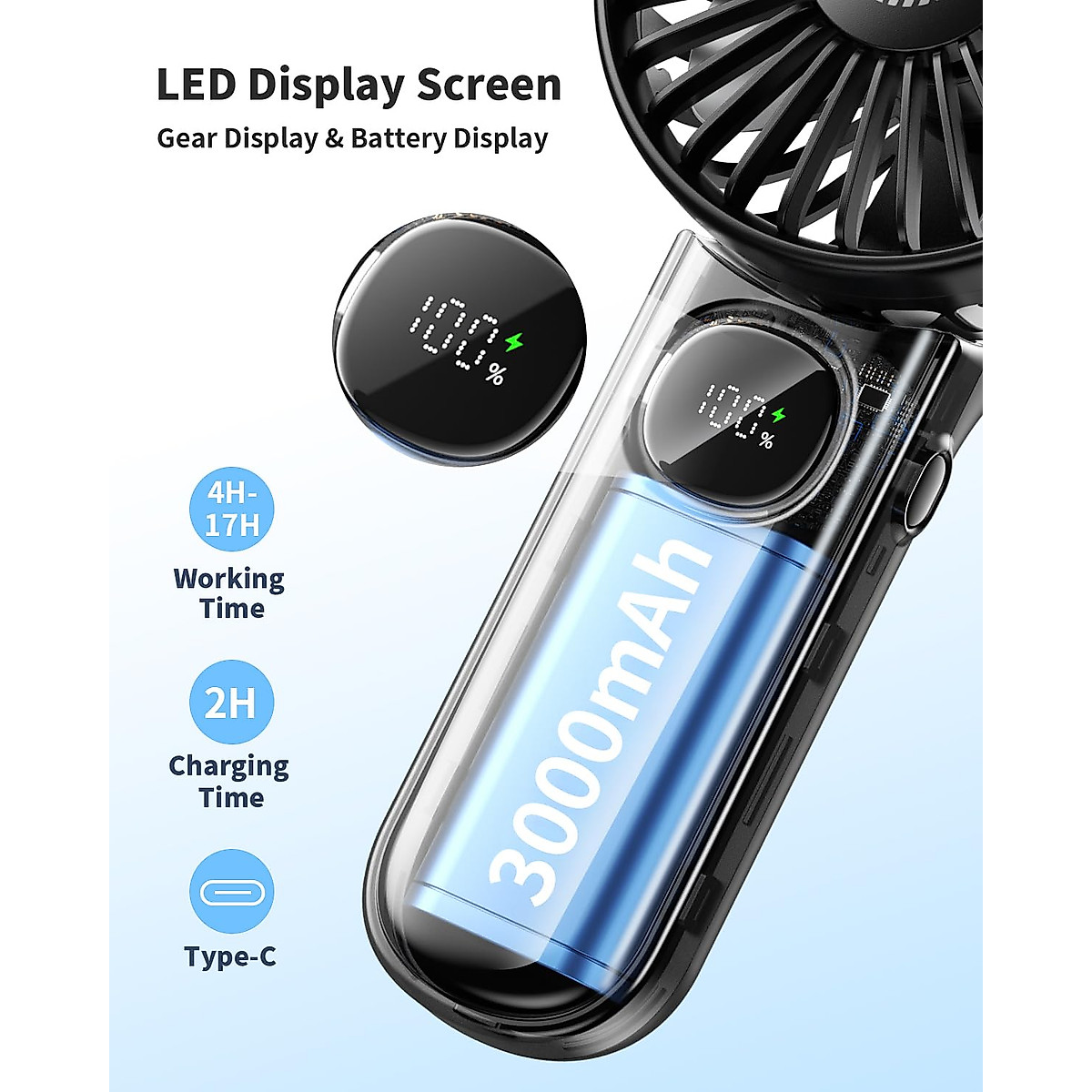 Handheld Fan, Foldable Portable Fan with LED Display, 3000mAh Battery Operated Mini Hand Held Fan, Handheld/Neck/Desk 3 in 1 Personal Small Fan for Eyelash Makeup Travel Beach Outdoor Black