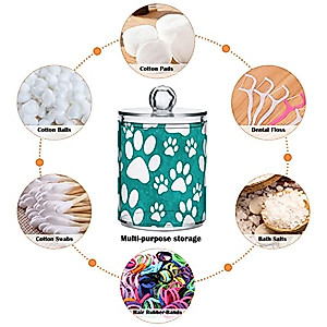 Fustylead 2 Pack Teal Dog Paw Prints Plastic Apothecary Jar Set for Bathroom Storage, Qtip Holder Dispensers for Cotton Ball, Swab, Round Pads, Floss