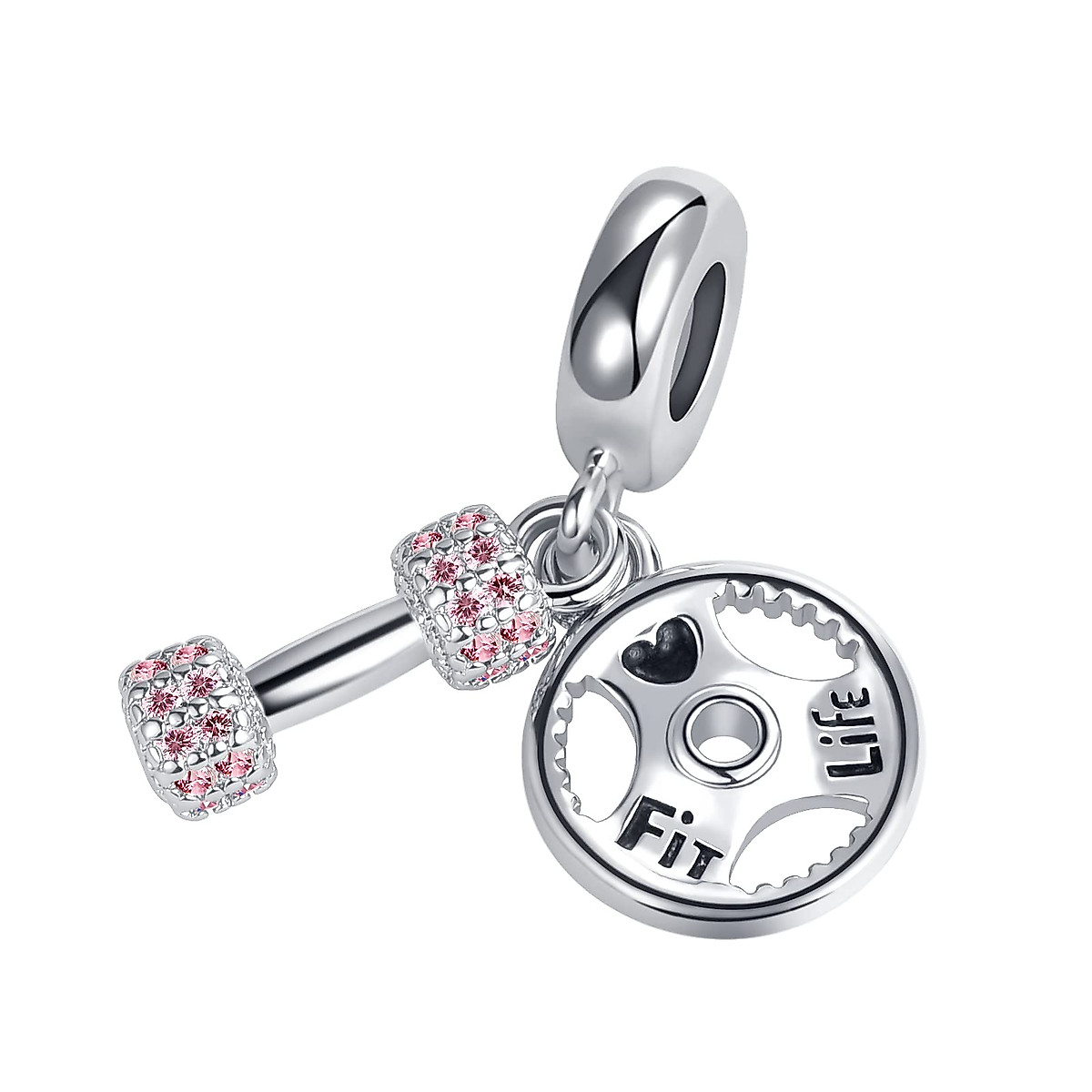 QeenseKc Dumbbell Barllbell Gym Workout Pendant Charm Sports Barbell CZ Bead for Pandora Bracelet Pink Aut-176_Dumbbell_10 0