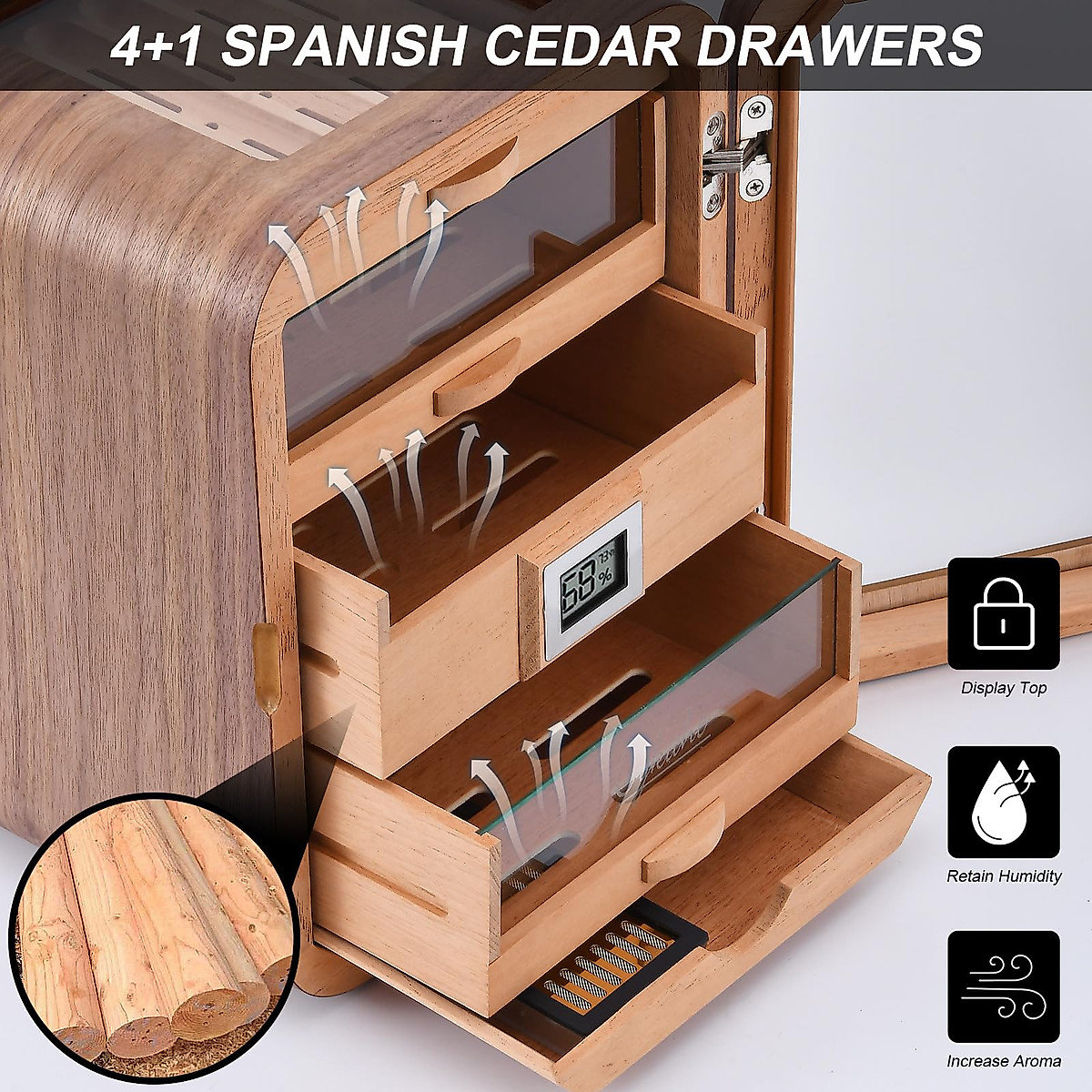 Glass-Top Humidor Cabinet,Handmade Humidor Box,Cedar Desktop Box with Humidifier,Hygrometer&Travel Case,Gifts for Men,Father Day,150 Counts Capacity-Black Walnut