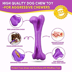 Mitzifuzz Tough Dog Toys for Aggressive Chewers, Interactive Dog Toys to Keep Them Busy, Dog Chew Toys Long Lasting for Large/Medium/Small Dogs, for Teeth Cleaning, Bacon Flavor(2pcs, Purple+Cyan)