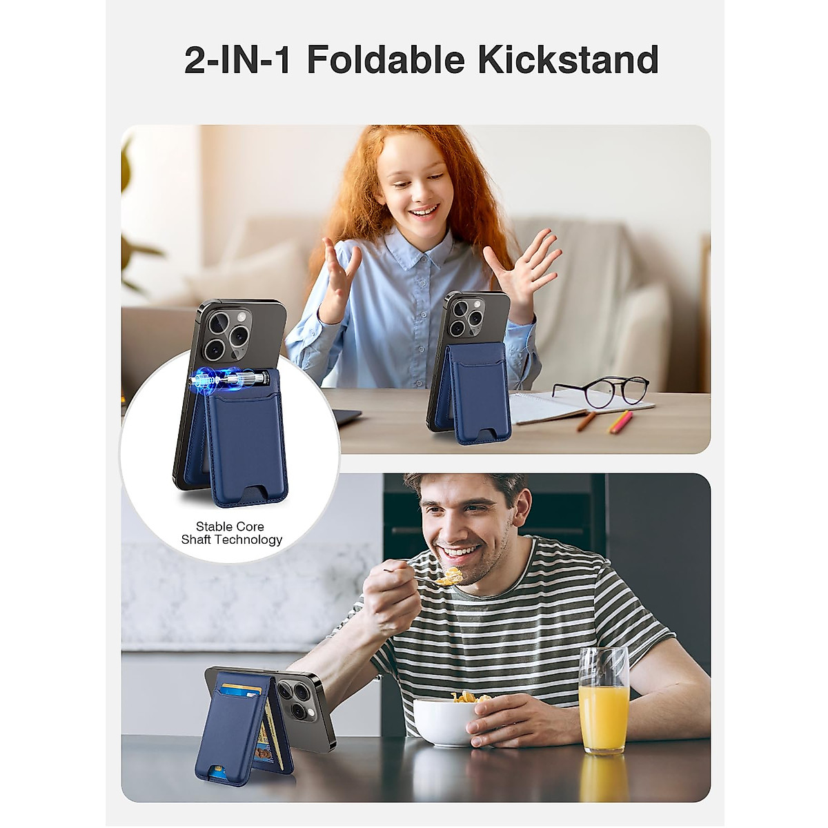 TopMade for Magsafe Wallet, Magnetic Wallet Card Holder with Adjustable Phone Stand, Leather Magnetic Phone Wallet for iPhone 15/14/13/12 Series, Open ID Window, RFID Blocking, Fit 6 Cards, Blue