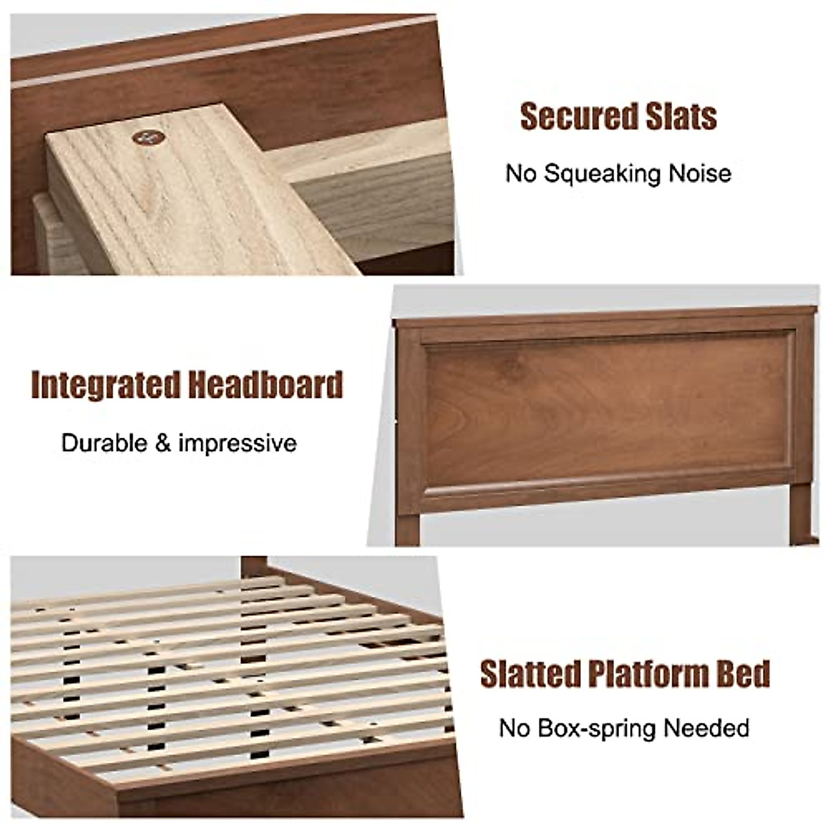 KOMFOTT Wood Full Bed Frame with Headboard, Mid Century Platform Bed with Solid Wood Slats Support & Rubber Wood Legs, Slatted Bed Mattress Foundation, No Box Spring Needed, Easy Assembly