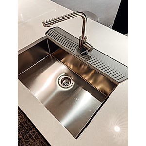30 inch XXL long sink splash guard, sloped for water runoff, heavy duty adjustable fit splash guard, kitchen sink mat, faucet handle drip catcher, water counter protector, faucet draining mat