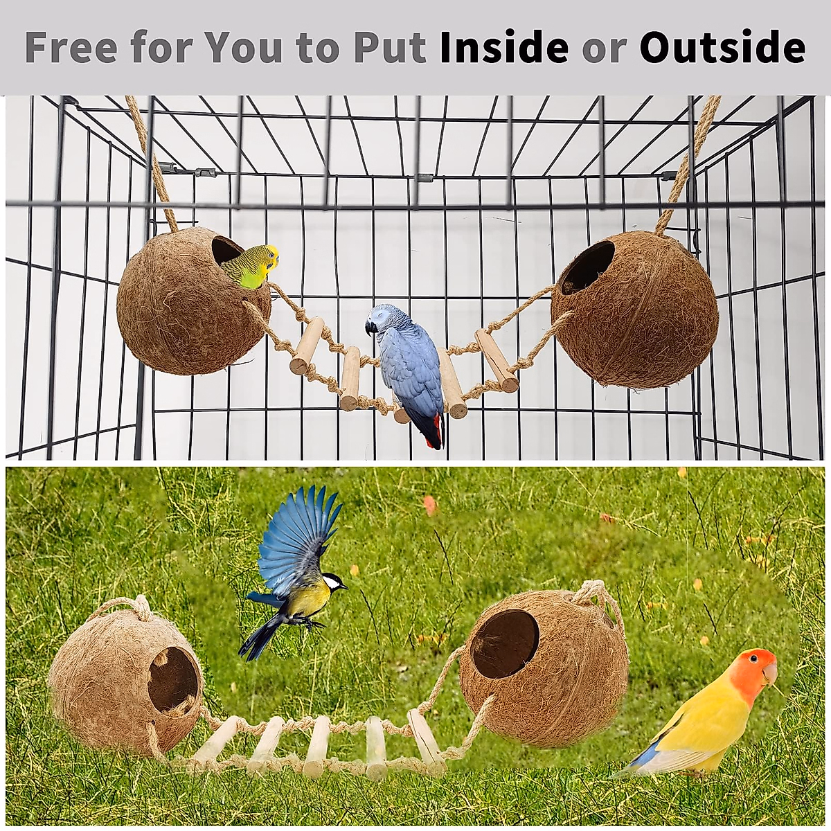 Tfwadmx Natural Coconut Hide with Ladder Perches Hanging Bird House Toy for Cage Parrot Breeding Nest for Gecko Parakeet Lovebird Finch Hamster