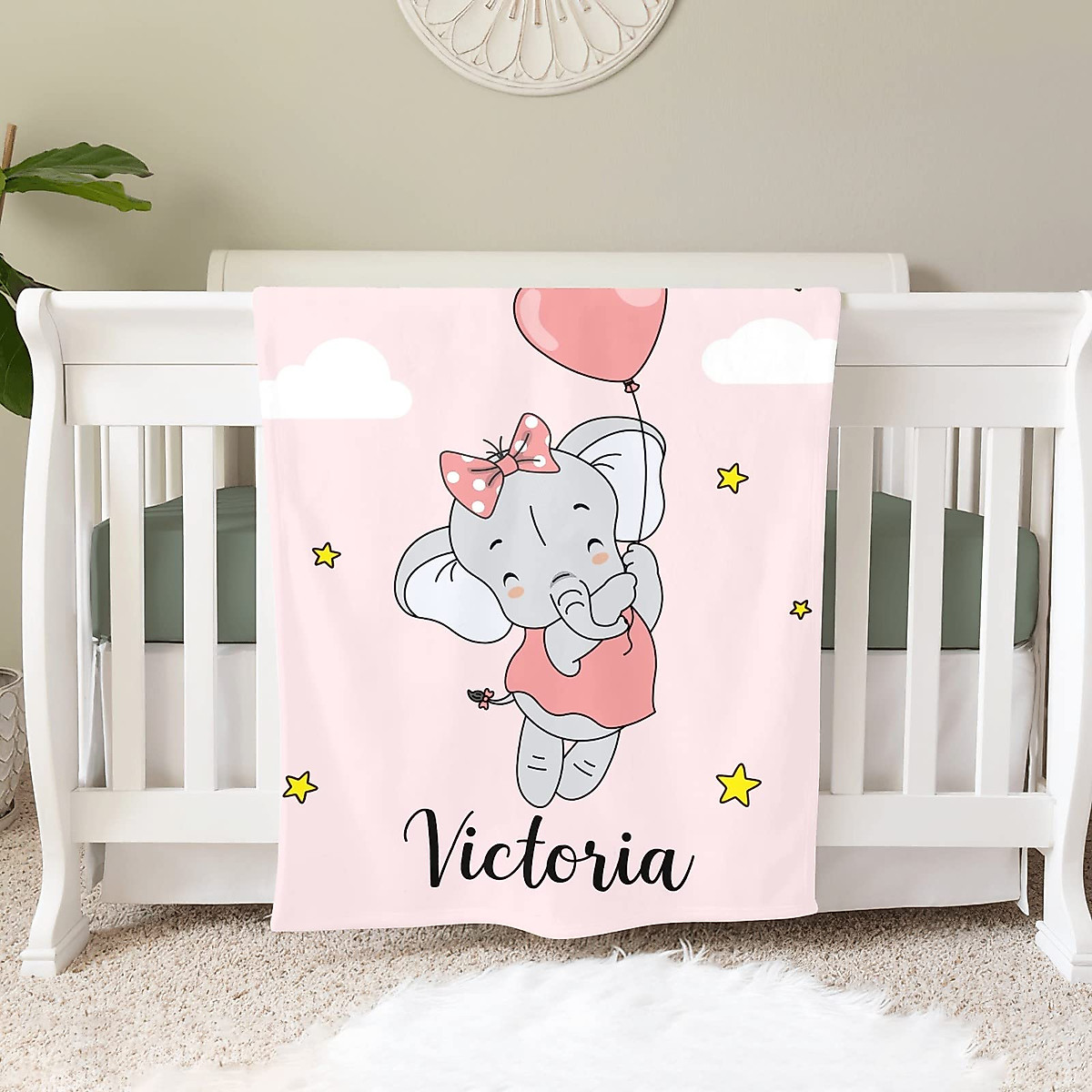 Elephant Flying Balloon Personalized Monogramed Baby Shower Blanket for Baby Girl Boy, Custom Name Soft Warm Newborn Throw Blanket 30X40 in