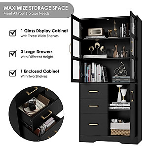 HIFIT 2 Pack Tall Bookshelves and Bookcases with Glass Display Cabinet Doors and 3 Drawers, Floor Standing Wood Storage Cabinet with Shelves, Modern Cabinet for Home Office, Living Room, Study, Black