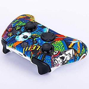 YoRHa Silicone Printing Thickened Cover Skin Case for Xbox Series X/S Controller x 1(Blue Graffiti) with Thumb Grips x 10
