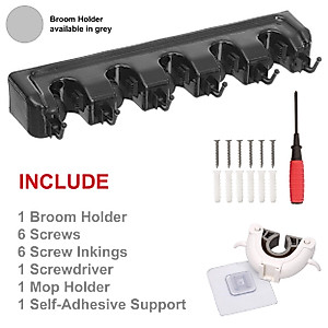 BonyandPo Broom and Mop Holder Wall Mounted - Heavy Duty Broom Holder Organizer with 2 Hooks and Screwdriver - Ideal for Cleaning Supplies Storage In Broom Closet or Over the Door (Black)