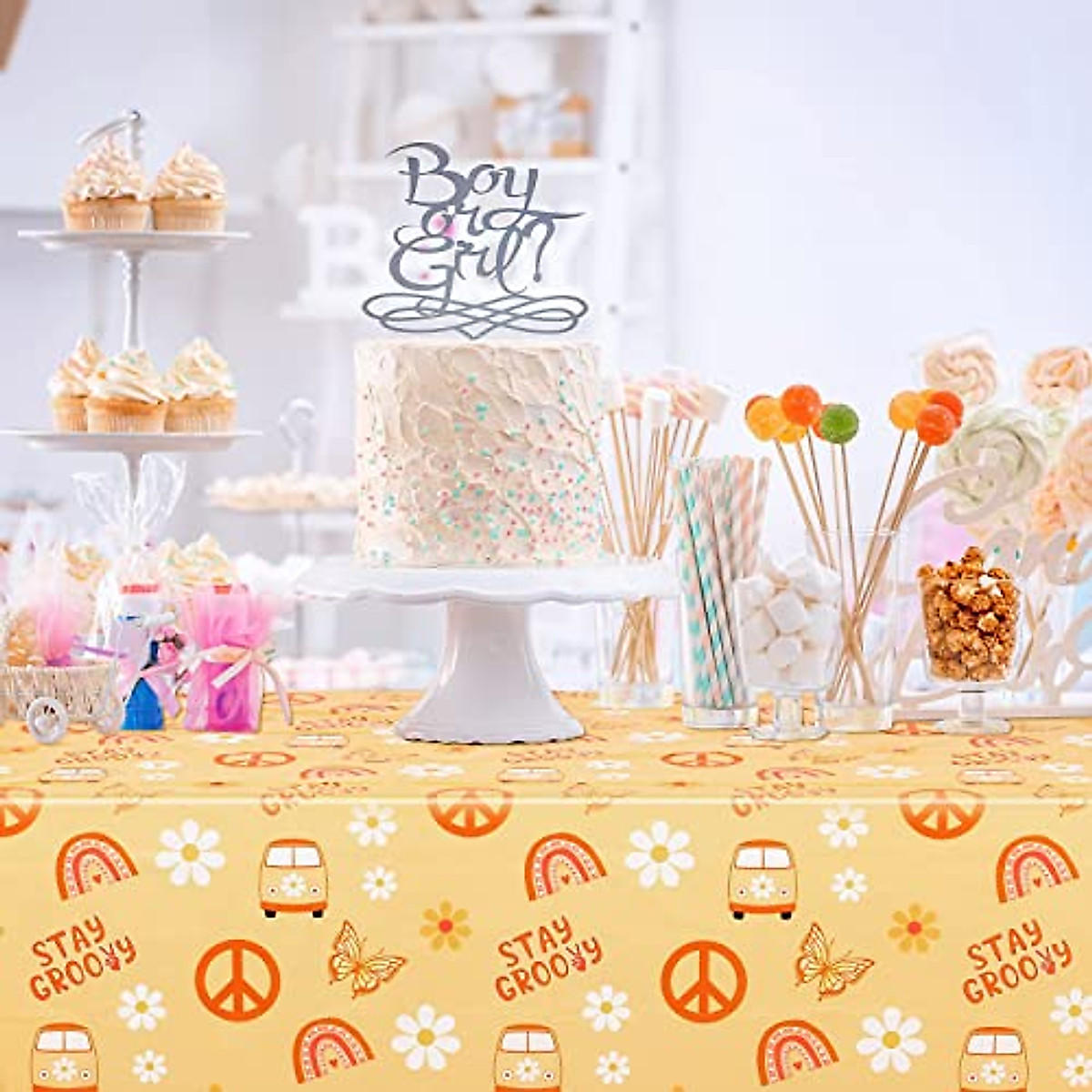 4 Pcs Stay Groovy Tablecloth Retro Hippie Boho Party Table Covers Daisy Flower Bohemian Rainbow Tablecloths Disposable Waterproof Table Cover 60s Theme Birthday Party Decor Supplies (42.5 x 70.8 Inch)