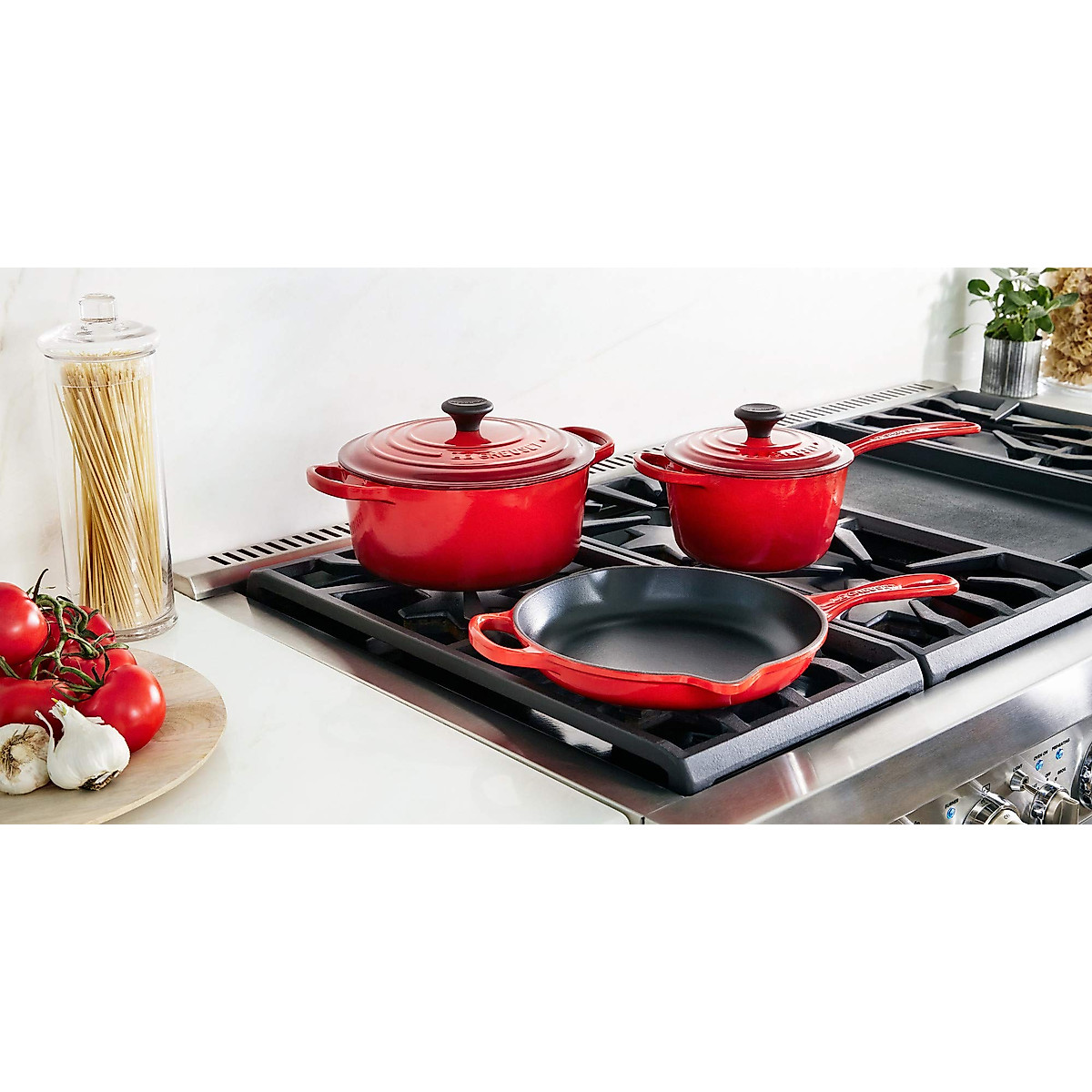 Le Creuset Enameled Cast Iron Signature Iron Handle Skillet, 10.25" (1-3/4 qt.), Cerise & Nylon Brush, 3 1/4", Cerise