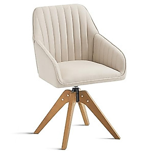 Furniliving 36.8'' Mid Century Modern Swivel Accent Chair for Living Room, Wood Desk Chair with Arms Mid Back Arm Chairs Upholstered Home Office Chair No Wheels for Home Office/Bedroom, Beige