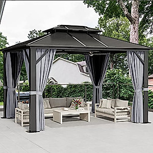 Binplax 10' x 12' Hardtop Metal Gazebo, Double Roof Gazebo with Aluminum Frame, Hardtop Gazebo with a Brown Mosquito Net and Privacy Sidewalls for Garden, Patio