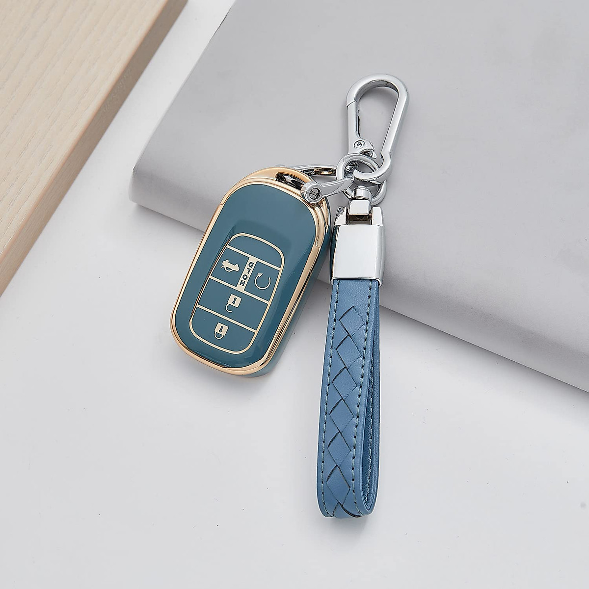 Aideco for Honda Key Fob Cover with Keychain Genuine Leather Crystal Key Case Protector Compatible with 2022 Honda Accord Civic CRV Pilot Odyssey 11th Gen Smart Key Case Holde (Blue)