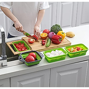 PYINRUOLI Expandable Bamboo Cutting Board With Containers,Over The Sink Cutting Board For Kitchen,Meal Prep deck For Food (Green) Large